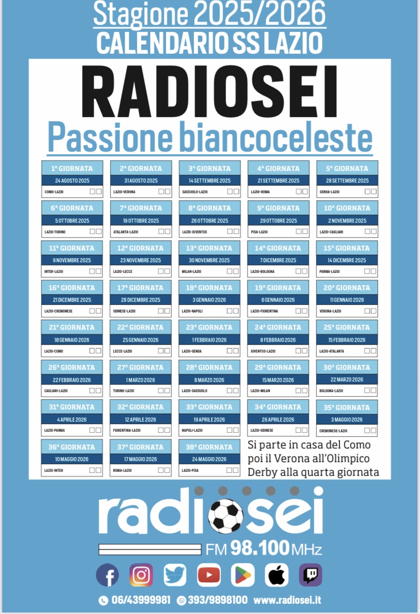 Lazio, il calendario di Radiosei della Serie A 2025-26: scaricalo e ...